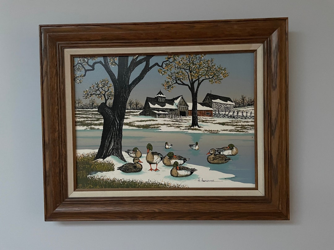 H Hargrove Art on Canvas Ducks on Pond With House in Background - Etsy