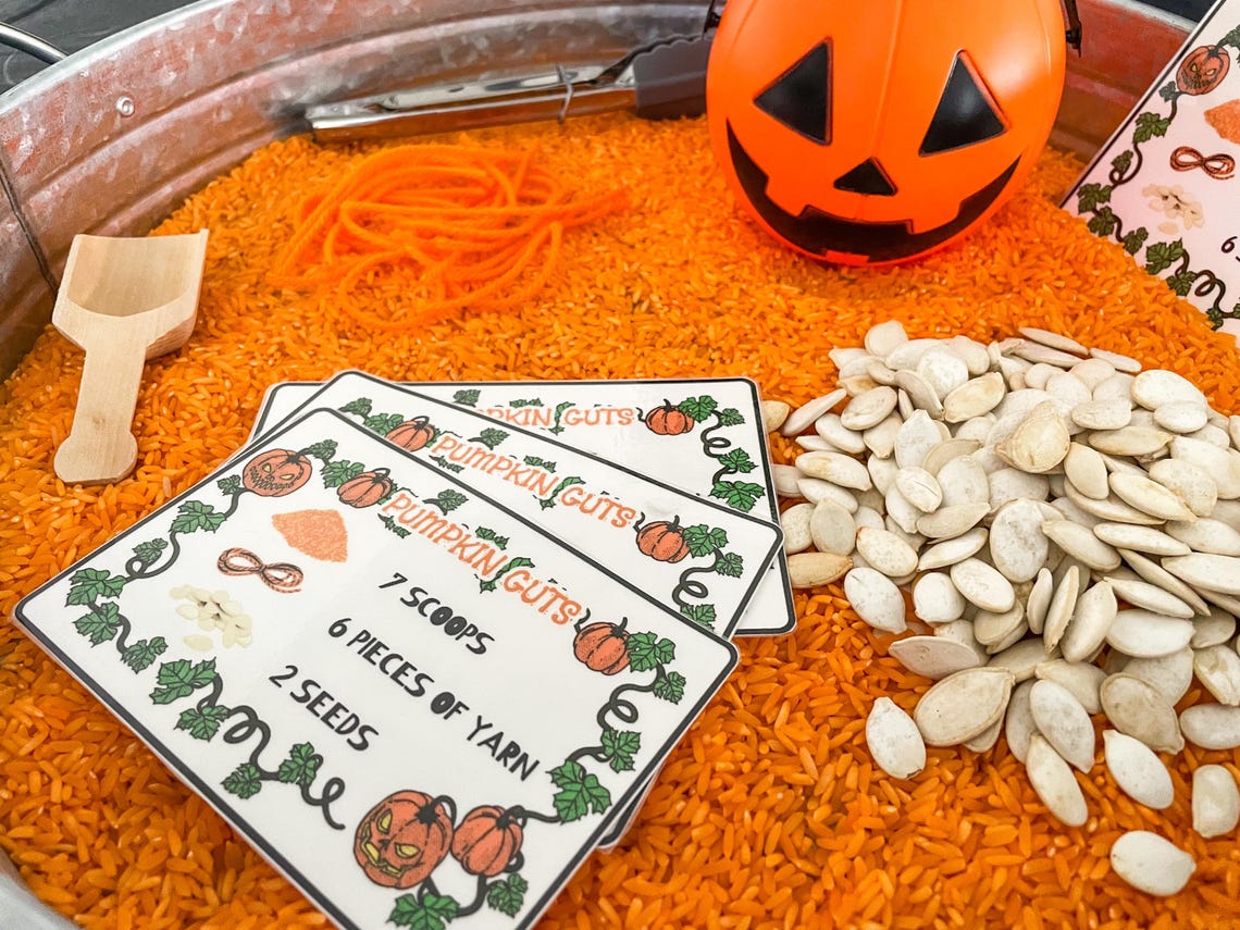 Pumpkin Guts Sensory Bin Kit + Counting Cards | Halloween Sensory Bin ...