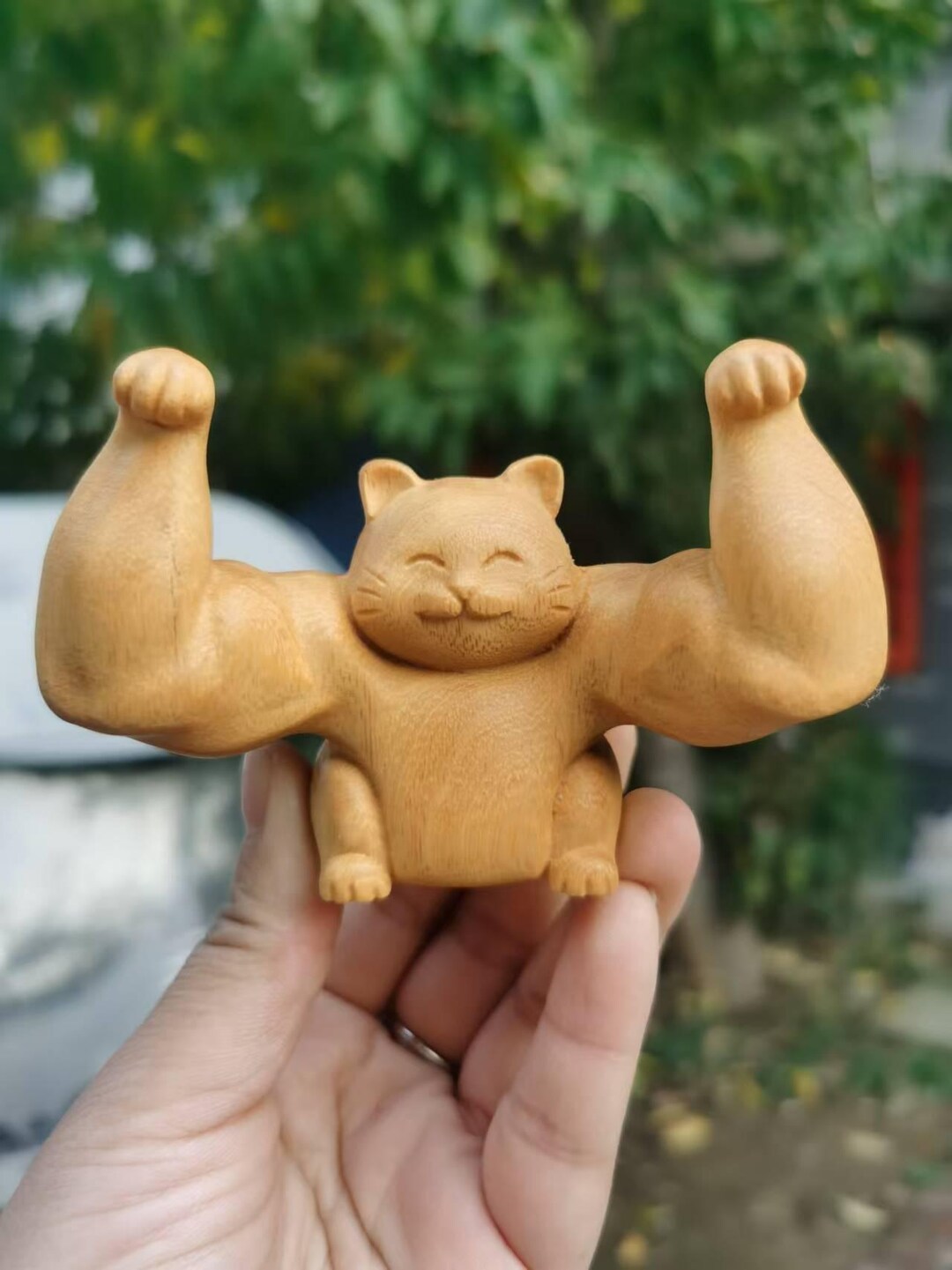 Wooden Carving Super Lucky Cat, Strong Lucky Cat Muscle Cat Strong Arm ...