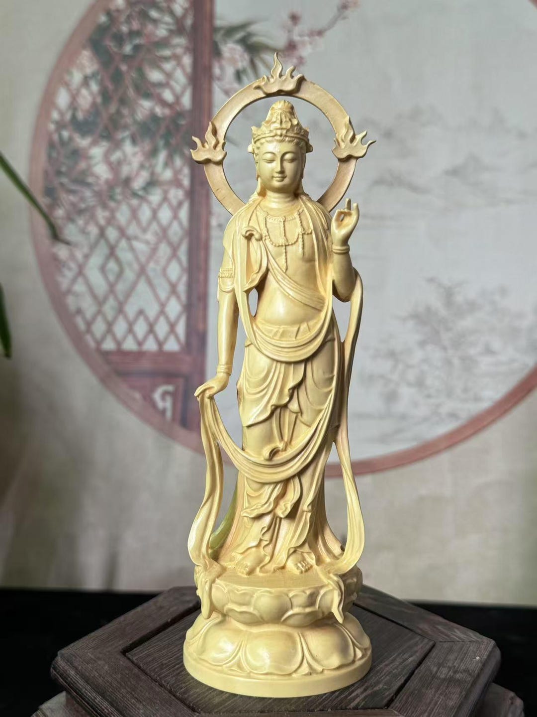 Exquisite Wood Carved Guan Yin Boddhisattva Goddess Statue Meditation ...