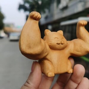 Wooden Carving Super Lucky Cat, Strong Lucky Cat Muscle Cat Strong Arm ...