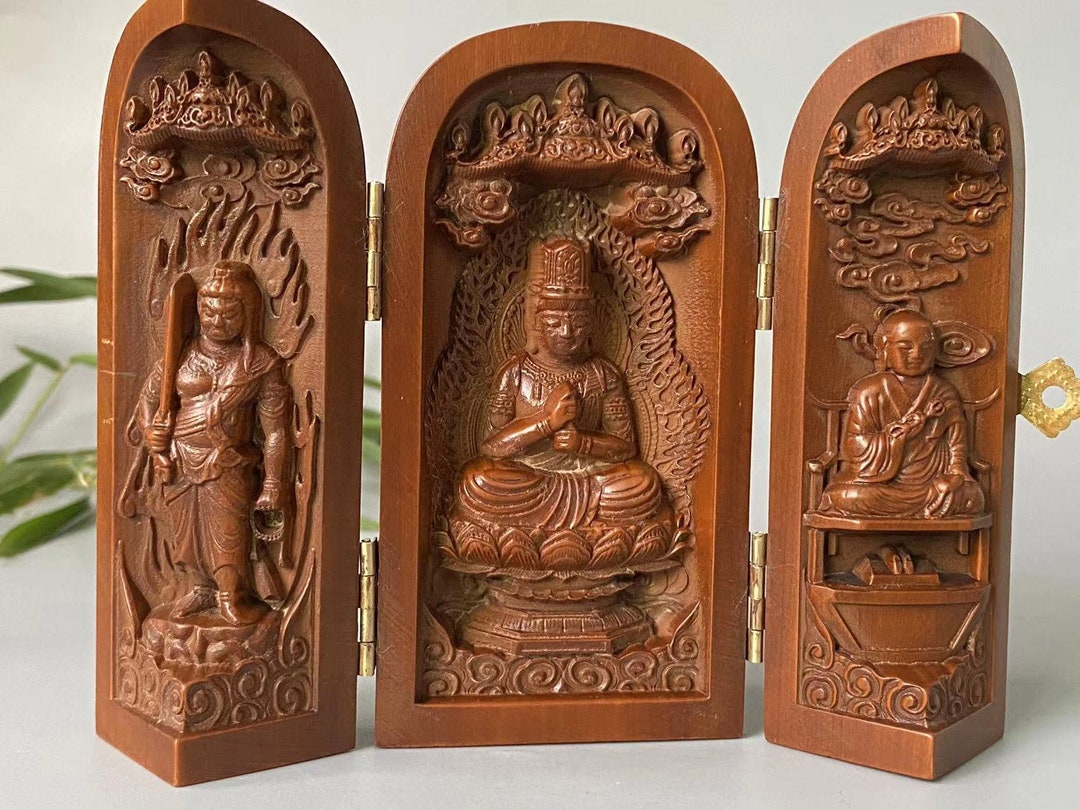 Buddha Portable Wooden Buddism Niches, Boxwood Hand Carving Box-three ...