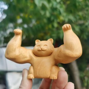 Wooden Carving Super Lucky Cat, Strong Lucky Cat Muscle Cat Strong Arm ...