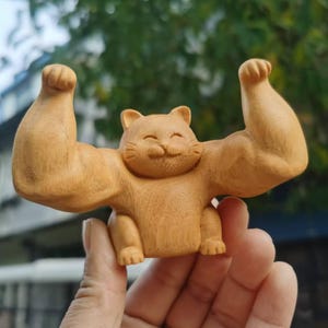 Wooden Carving Super Lucky Cat, Strong Lucky Cat Muscle Cat Strong Arm ...