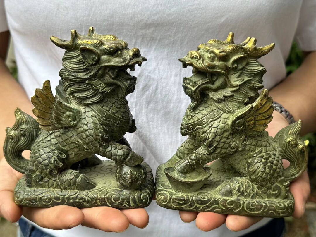 Pair Copper Qilin Kirin Fengshui Animal Pixiu Beast Wealth Bixie Statue ...