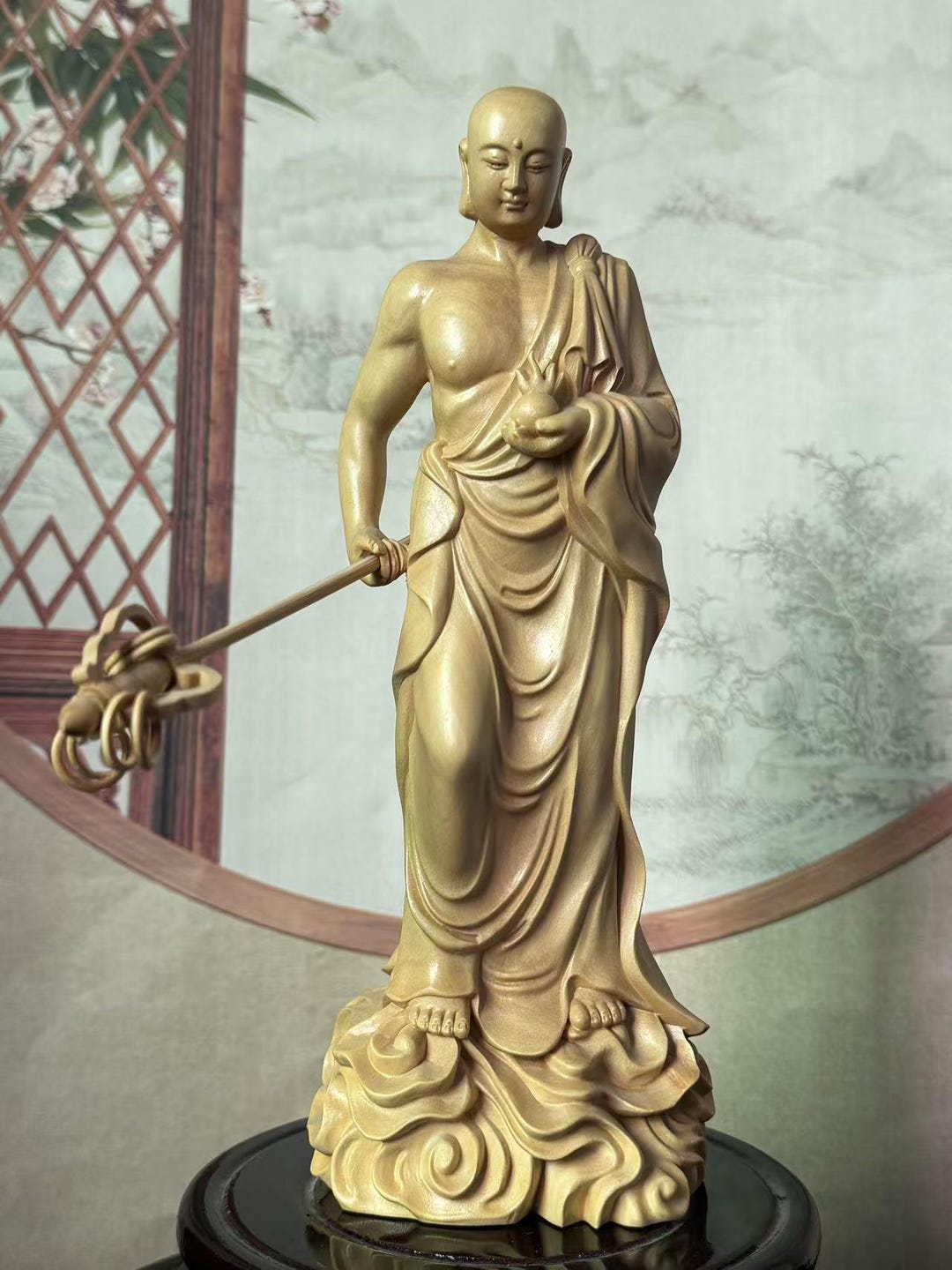 Hand Carved Natural Wood Ksitigarbha Bodhisattva Buddha Statue ...