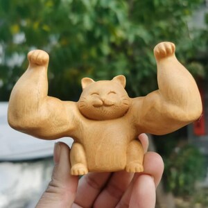 Wooden Carving Super Lucky Cat, Strong Lucky Cat Muscle Cat Strong Arm ...