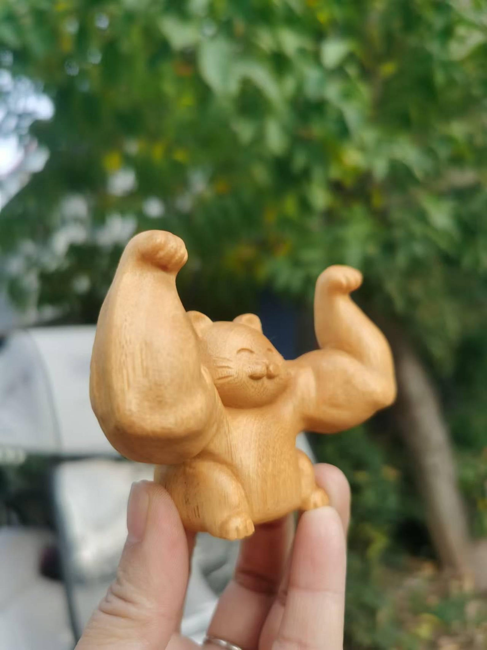 Wooden Carving Super Lucky Cat, Strong Lucky Cat Muscle Cat Strong Arm ...