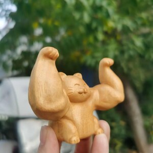 Wooden Carving Super Lucky Cat, Strong Lucky Cat Muscle Cat Strong Arm ...