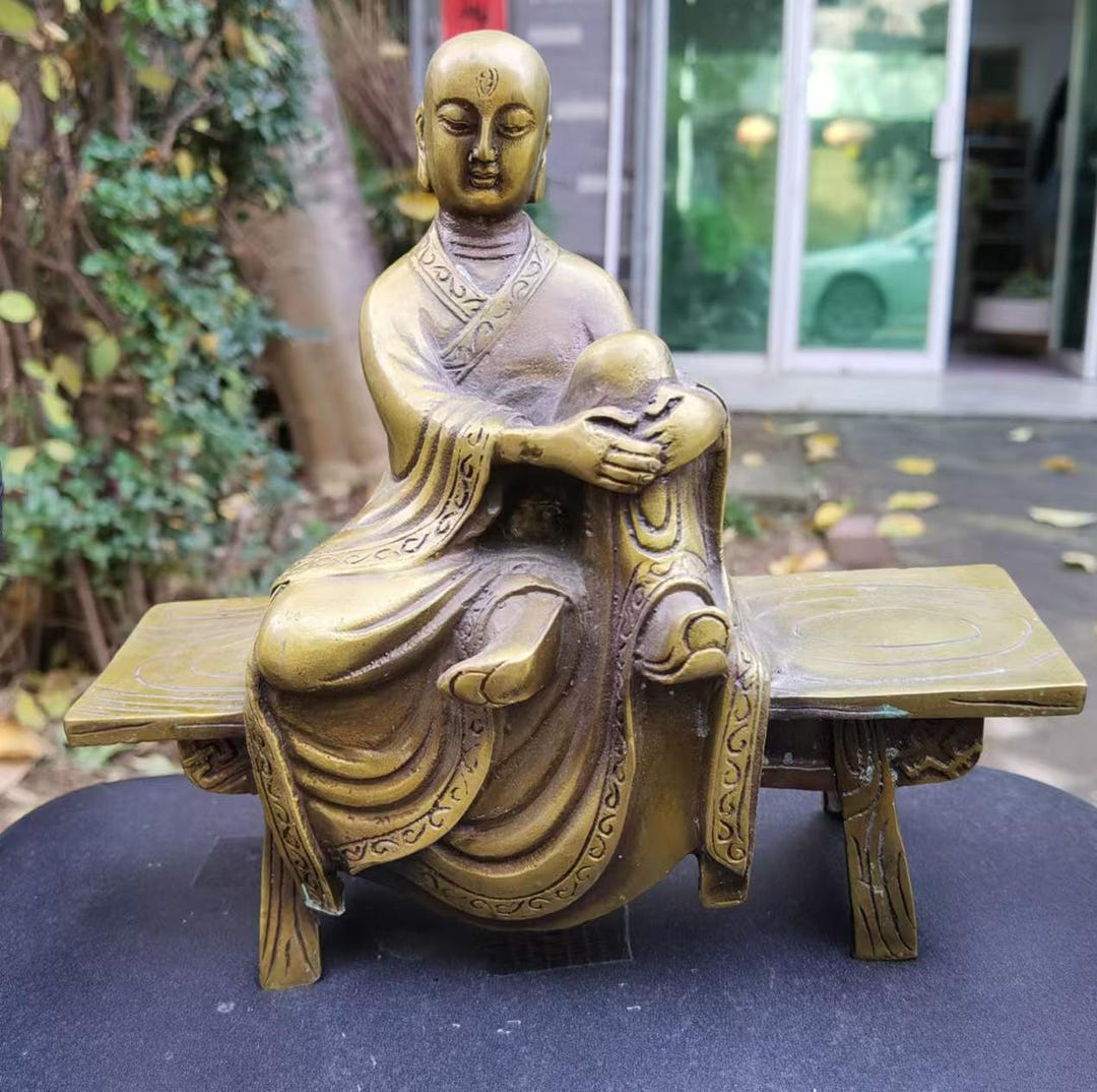 Antique Bronze Copper Bench Buddha Statue, Amitabha Buddha Sit on the Bench Enshrine, Meditating ...