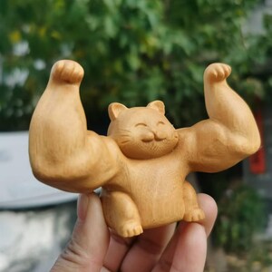 Wooden Carving Super Lucky Cat, Strong Lucky Cat Muscle Cat Strong Arm ...