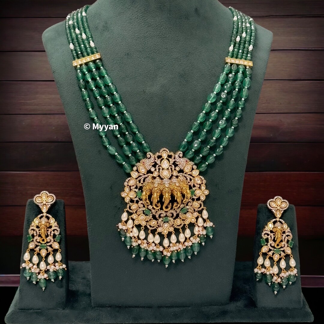 Sabyasachi Inspired Uncut Polki & Pearl Ganesha Necklace Set/emerald ...