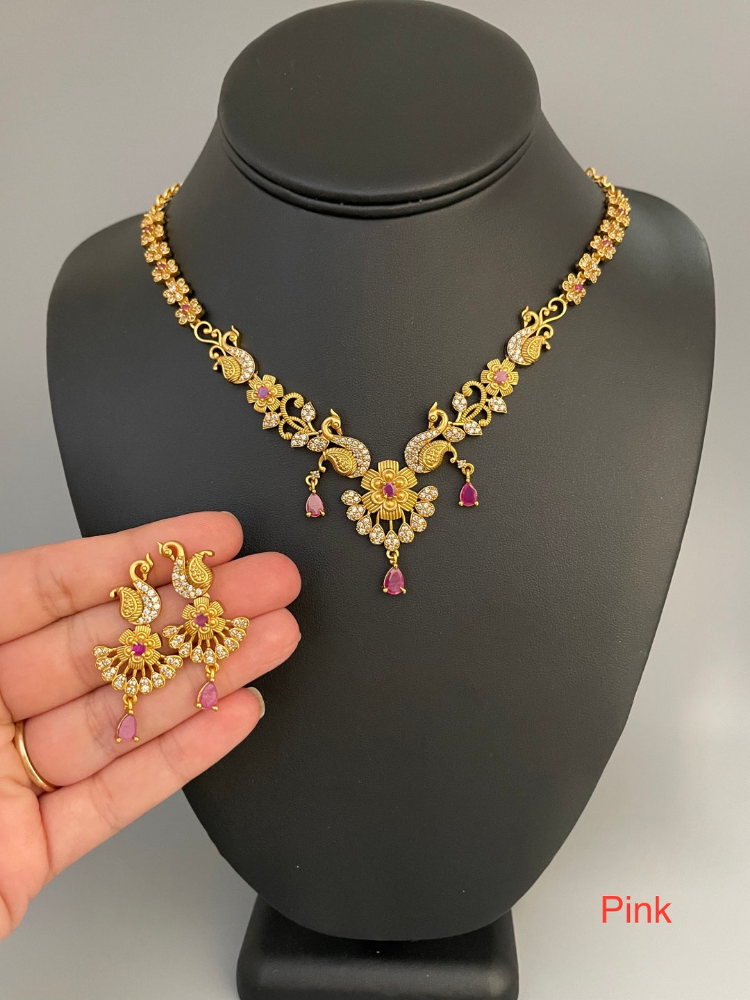 Dull Gold Peacock Necklace Set/dainty Matte Gold Necklace/delicate ...