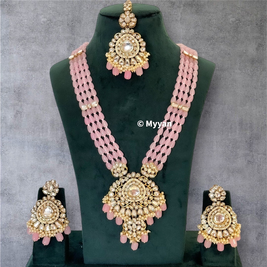 Pink Kundan Long Necklace Set/kundan & Pearl Jewelry With Tika/kundan ...