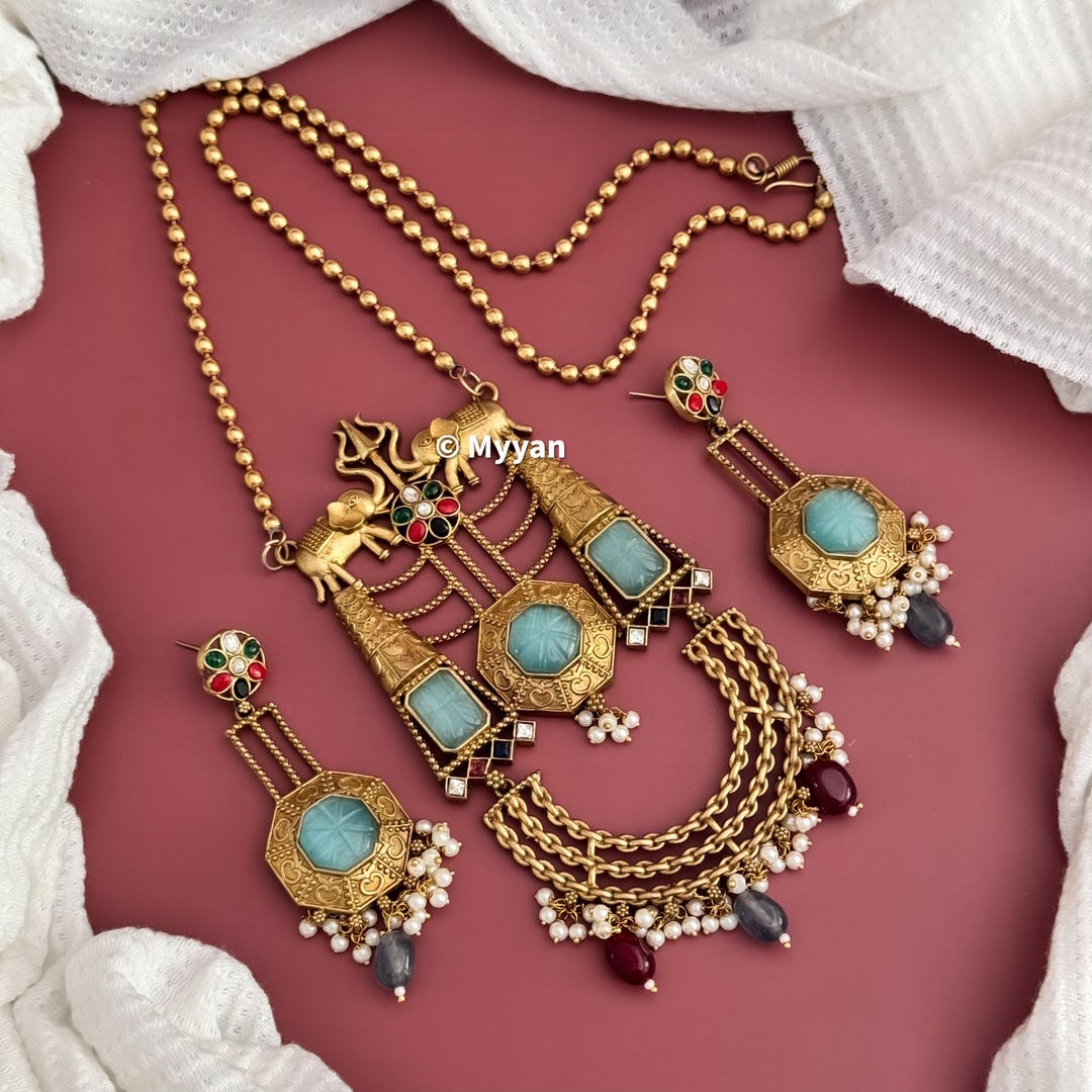 Antique Gold Long Elephant Necklace Set/indian Fusion Necklace/gold ...