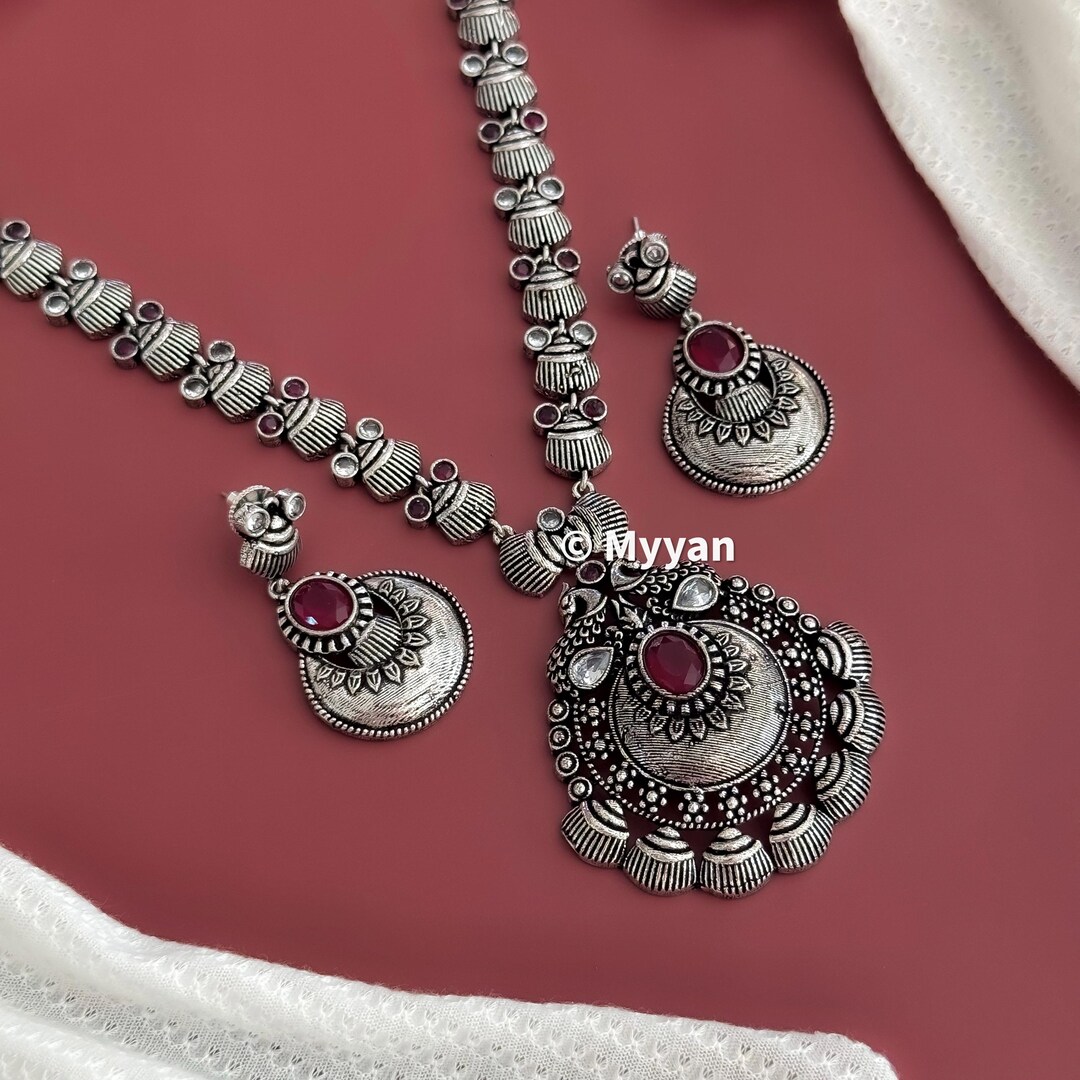 Oxidize Pendant Necklace/oxidized Silver Stone Necklace/indian Silver ...