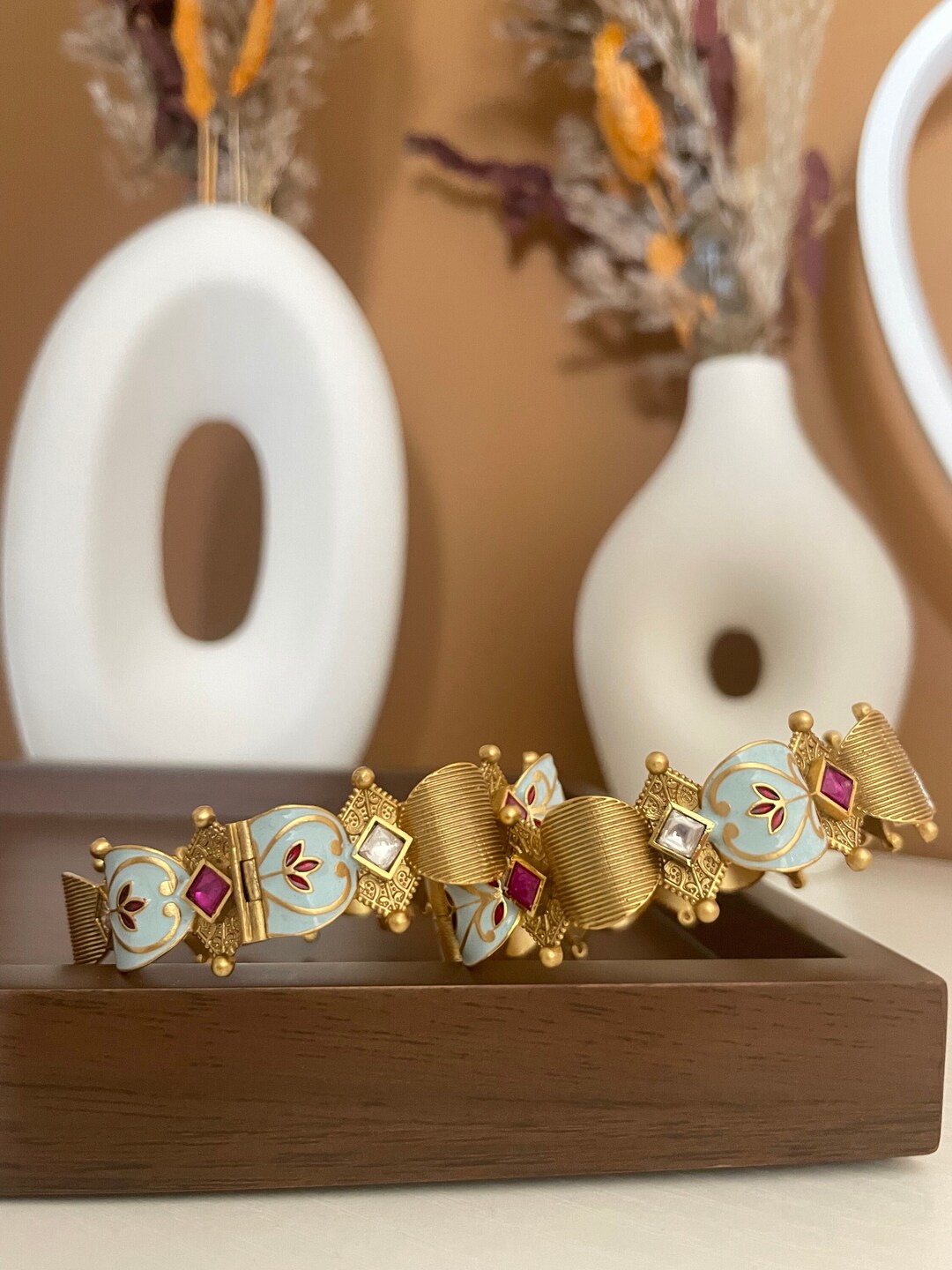 Gold Meenakari Kada Bangle/ Blue & Pink Indian Bangle Bracelet/openable ...