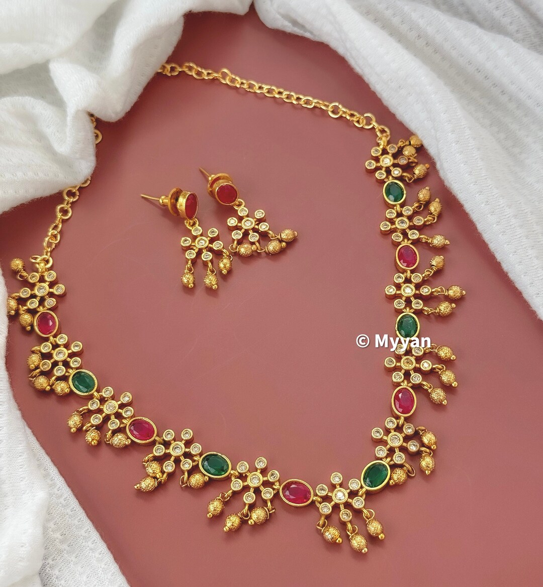 Ruby & Green Choker Necklace/delicate Stone and AD Necklace/dull Gold ...