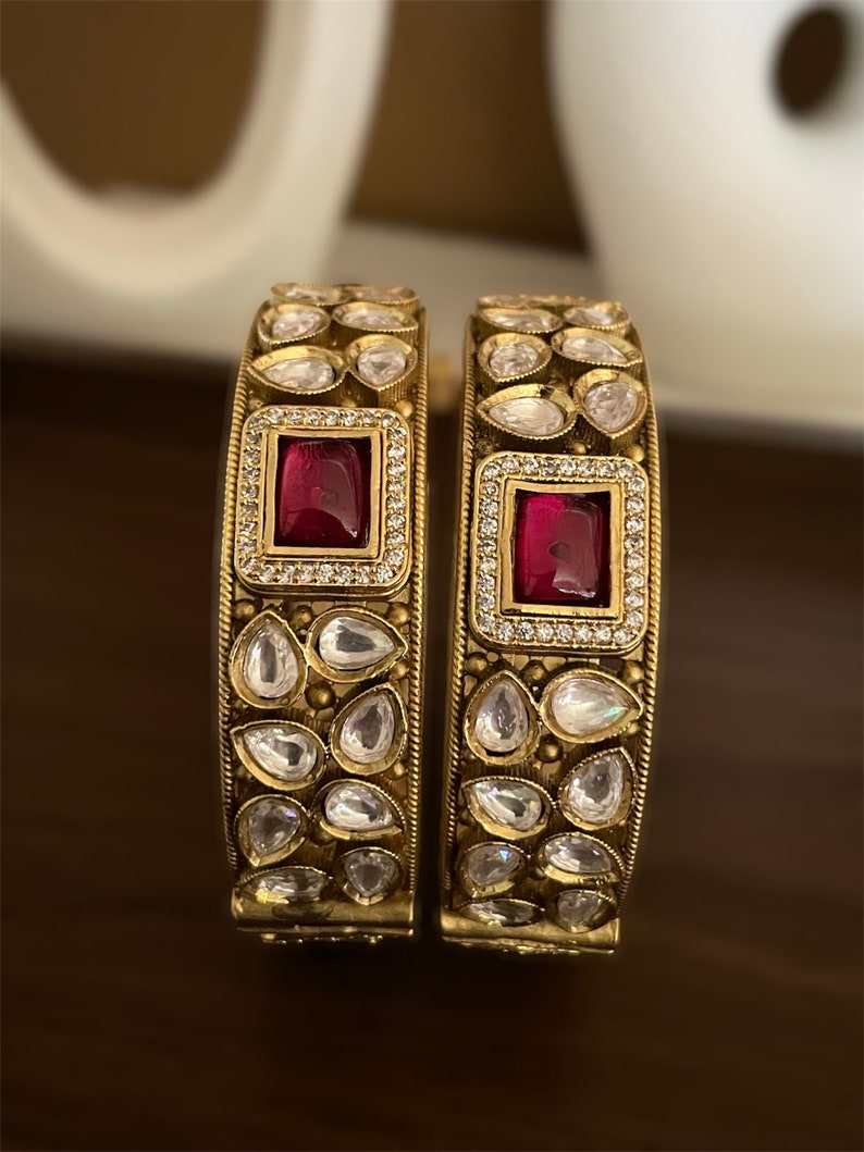 Dull Gold Kundan Kada/ruby Red Openable Kada Bangle/indian - Etsy