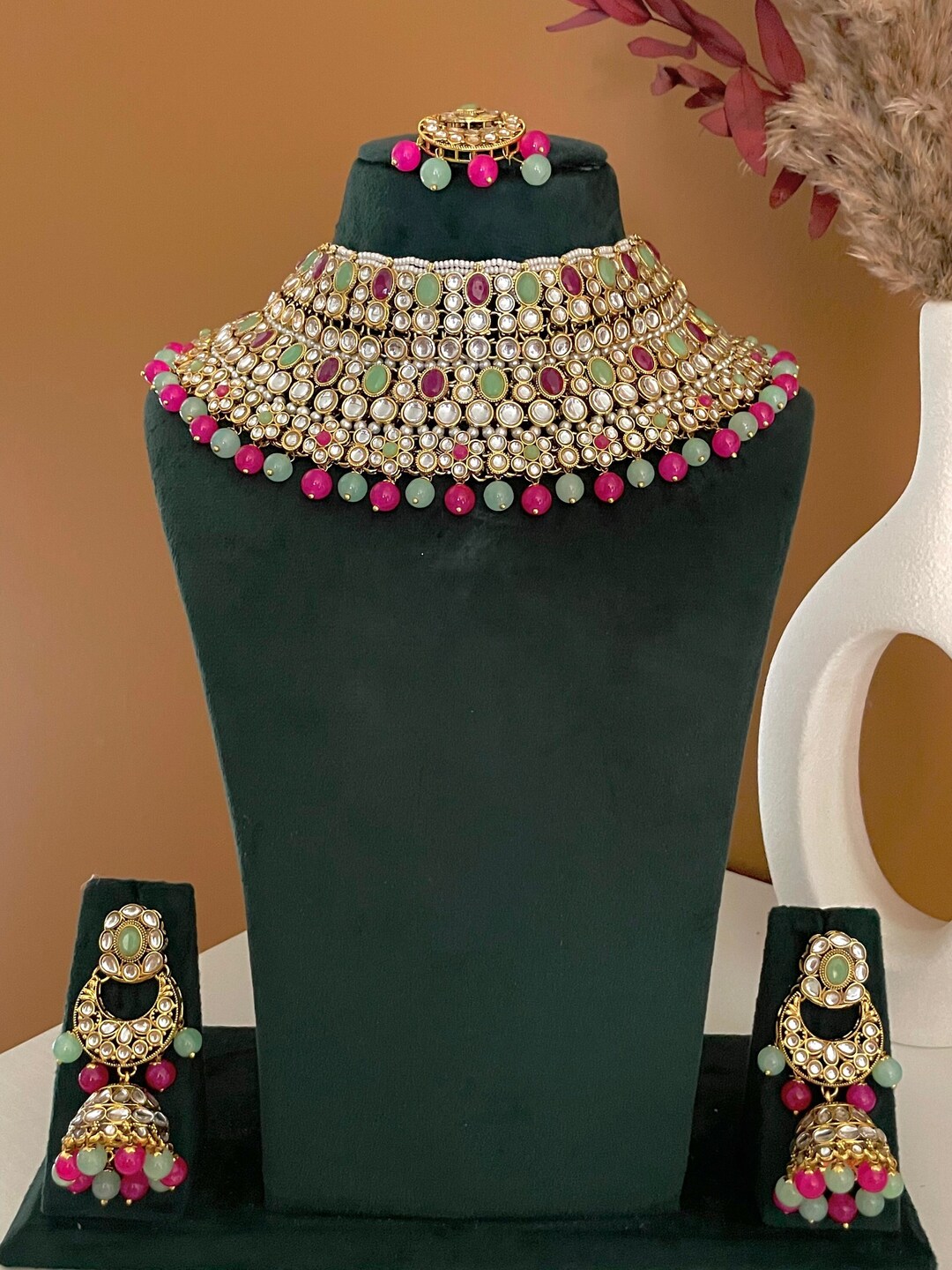 Bollywood Style Kundan Necklace Set/hot Pink & Pista Kundan Necklace ...