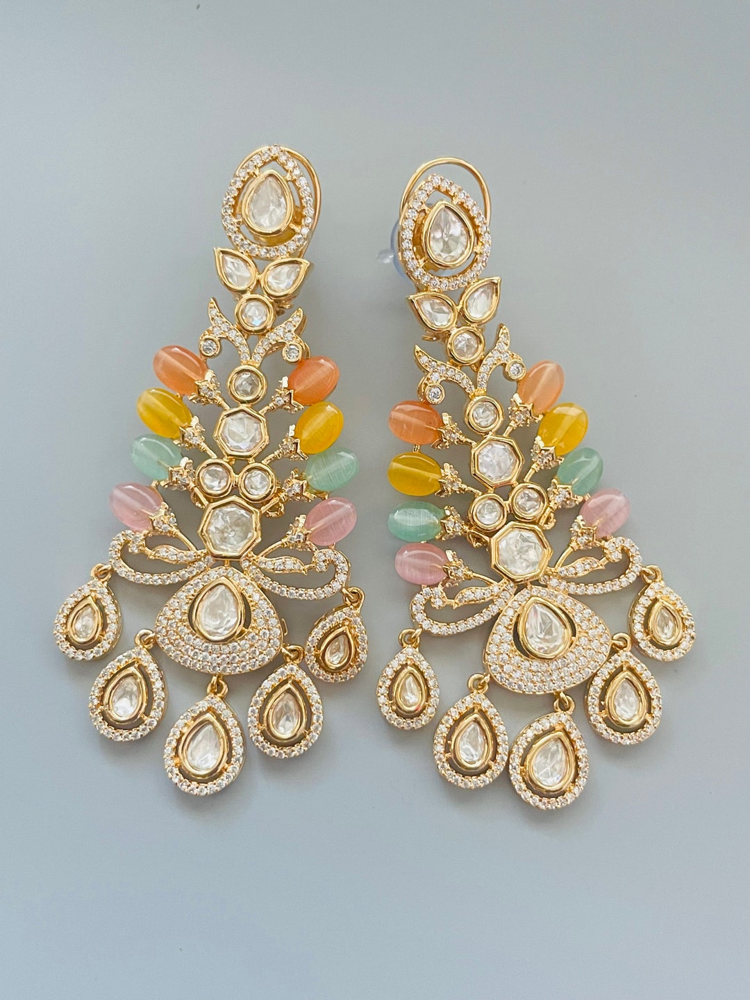 Sabyasachi Inspired Long Kundan Earring/yellow American Diamond ...
