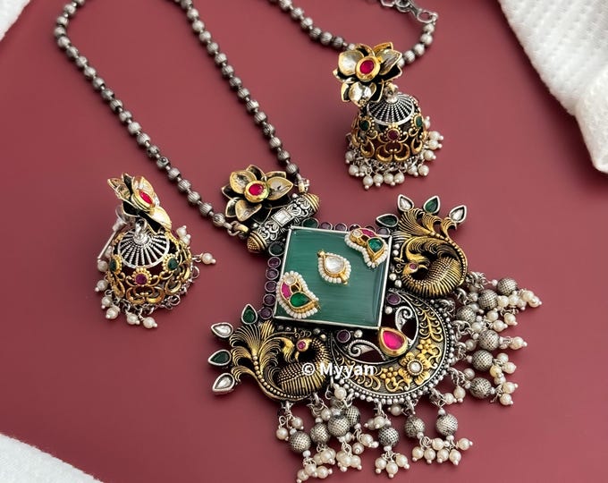 Two Tone Pendant Necklace Set/dual Tone Peacock Jewelry/kundan Stone ...