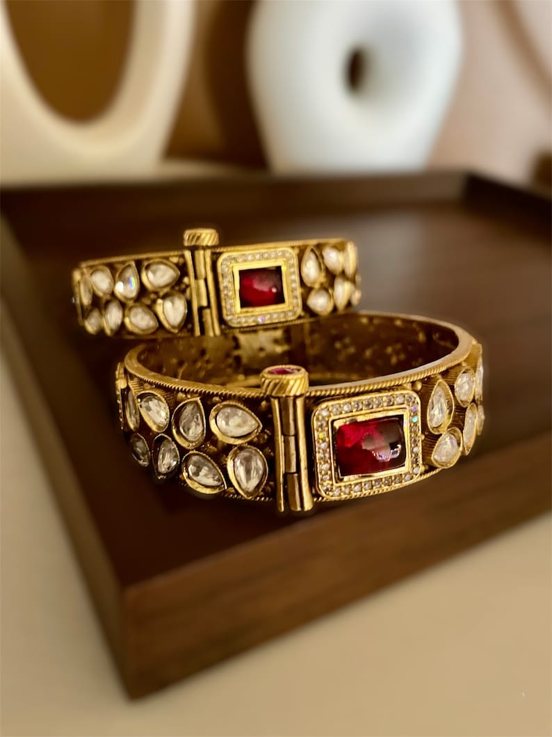 Dull Gold Kundan Kada/ruby Red Openable Kada Bangle/indian - Etsy