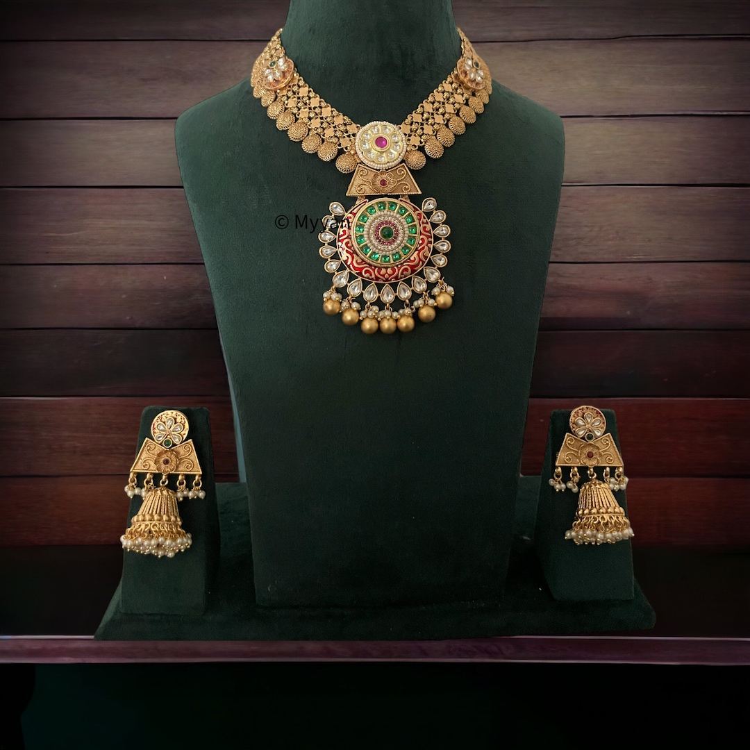 Matt Gold Necklace Set/gold Replica Rajwadi Choker Necklace/indian Long ...