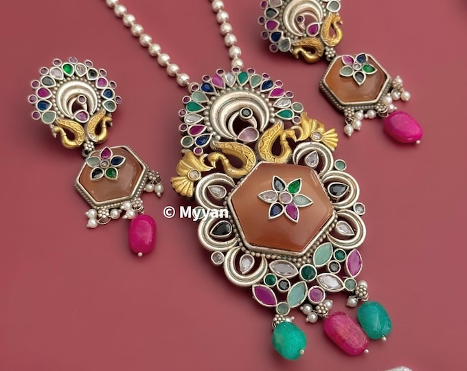 Two Tone Pendant Necklace Set/dual Tone Peacock Jewelry/kundan Stone ...