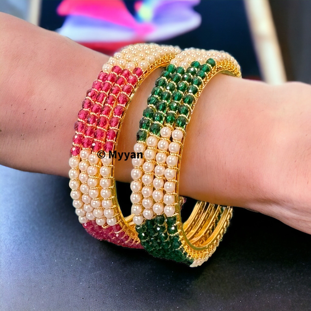 Ruby and Green Pearl Bangle Set/designer Pearl Bangles/bollywood Style ...