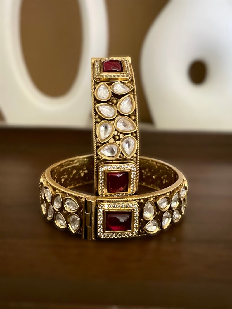 Dull Gold Kundan Kada/ruby Red Openable Kada Bangle/indian - Etsy