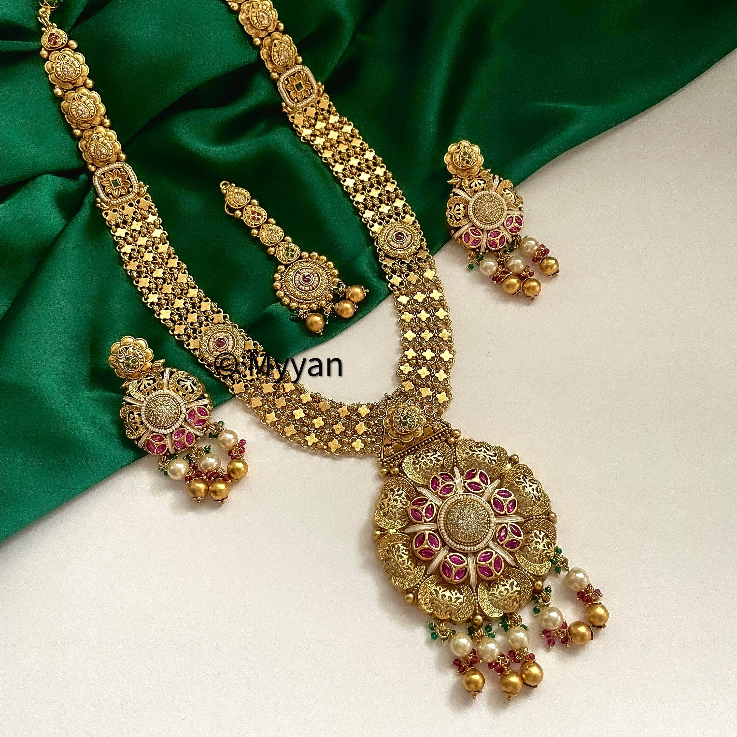 Myyan Finest Quality Antique Finish Micro Gold Bridal Necklace Set with Mangtika Matt Gold Chandan haar Indian Wedding jewelry Traditional Jewelry