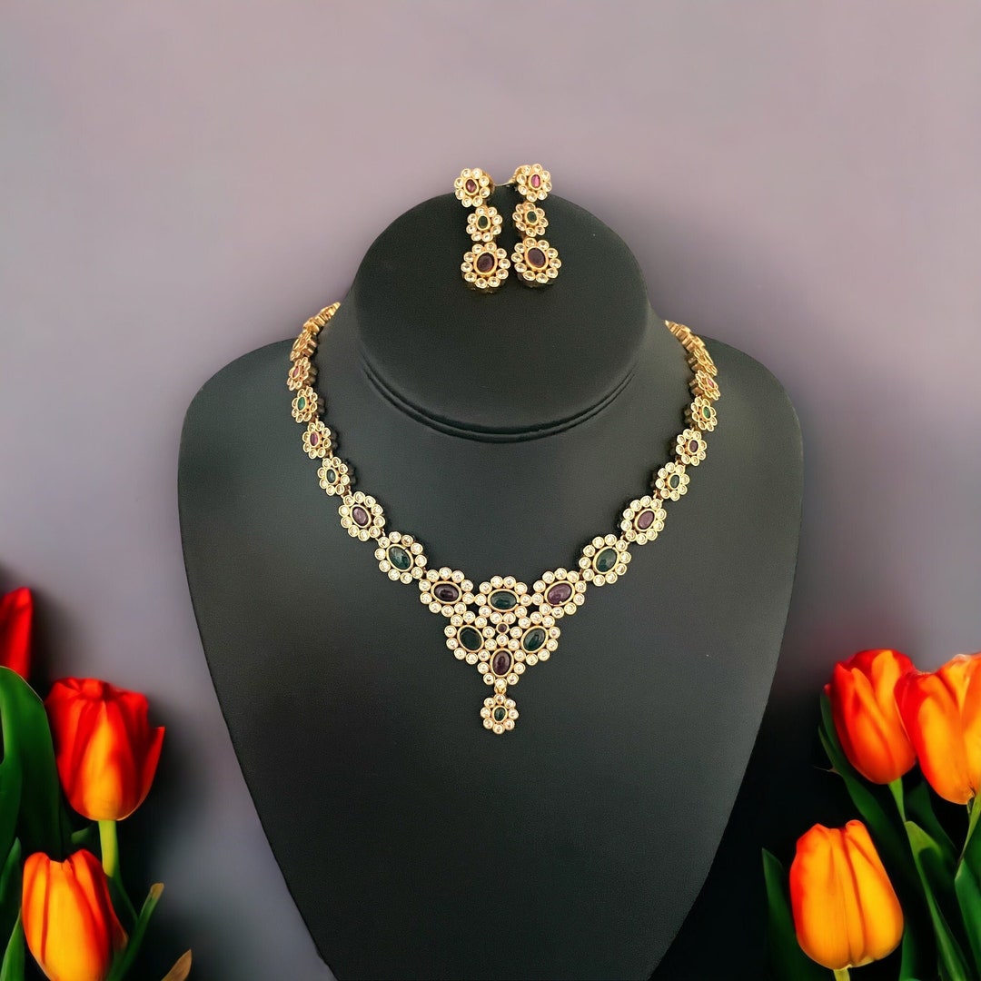 Ruby and Emerald Green AD Necklace Set/ Kemp Stone Necklace/antique ...