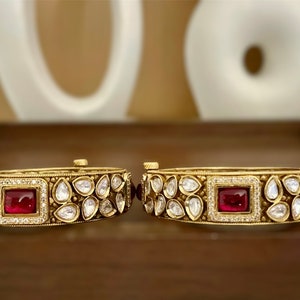 Dull Gold Kundan Kada/ruby Red Openable Kada Bangle/indian Wedding ...