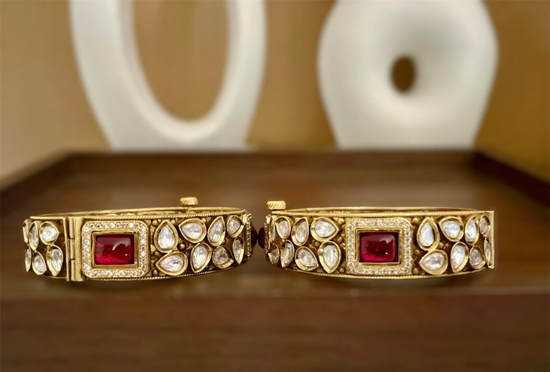 Dull Gold Kundan Kada/ruby Red Openable Kada Bangle/indian - Etsy