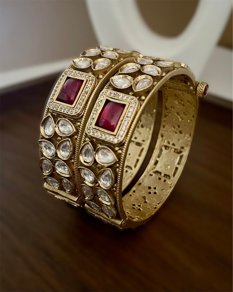 Dull Gold Kundan Kada/ruby Red Openable Kada Bangle/indian - Etsy