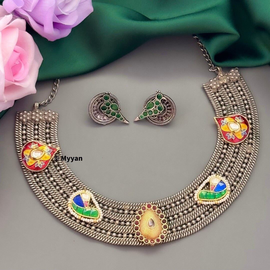 Black Finish Oxidized Fusion Jewelry Set/kundan German Silver Fusion ...