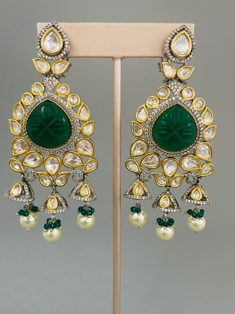 Premium Quality Carved Stone Polki Kundan Earring/sabyasachi Inspired Dual Tone Polki Earring in ...