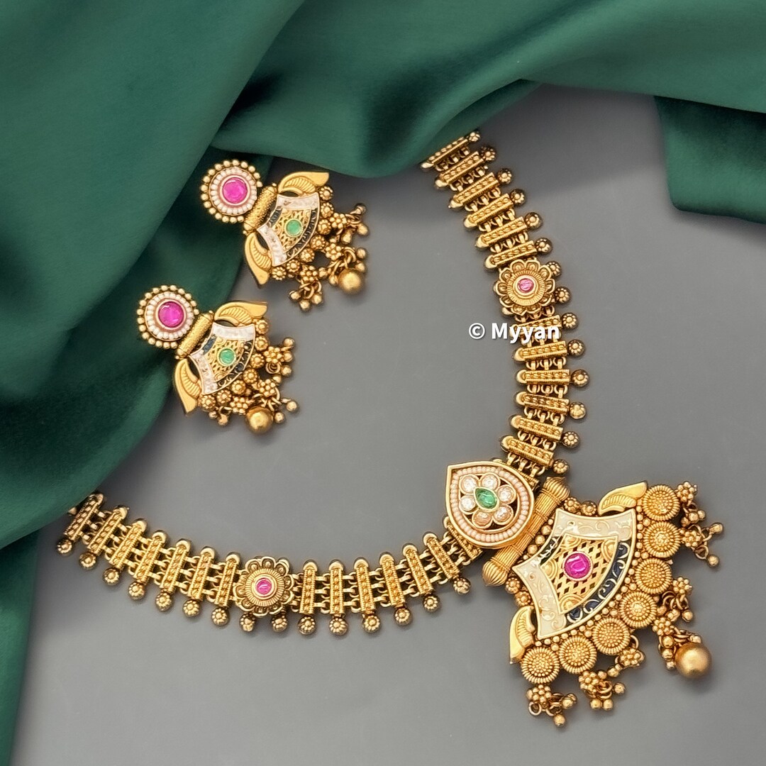 Indian Dull Gold Jewelry Set With Meenakari Details/gold Replica Ruby ...