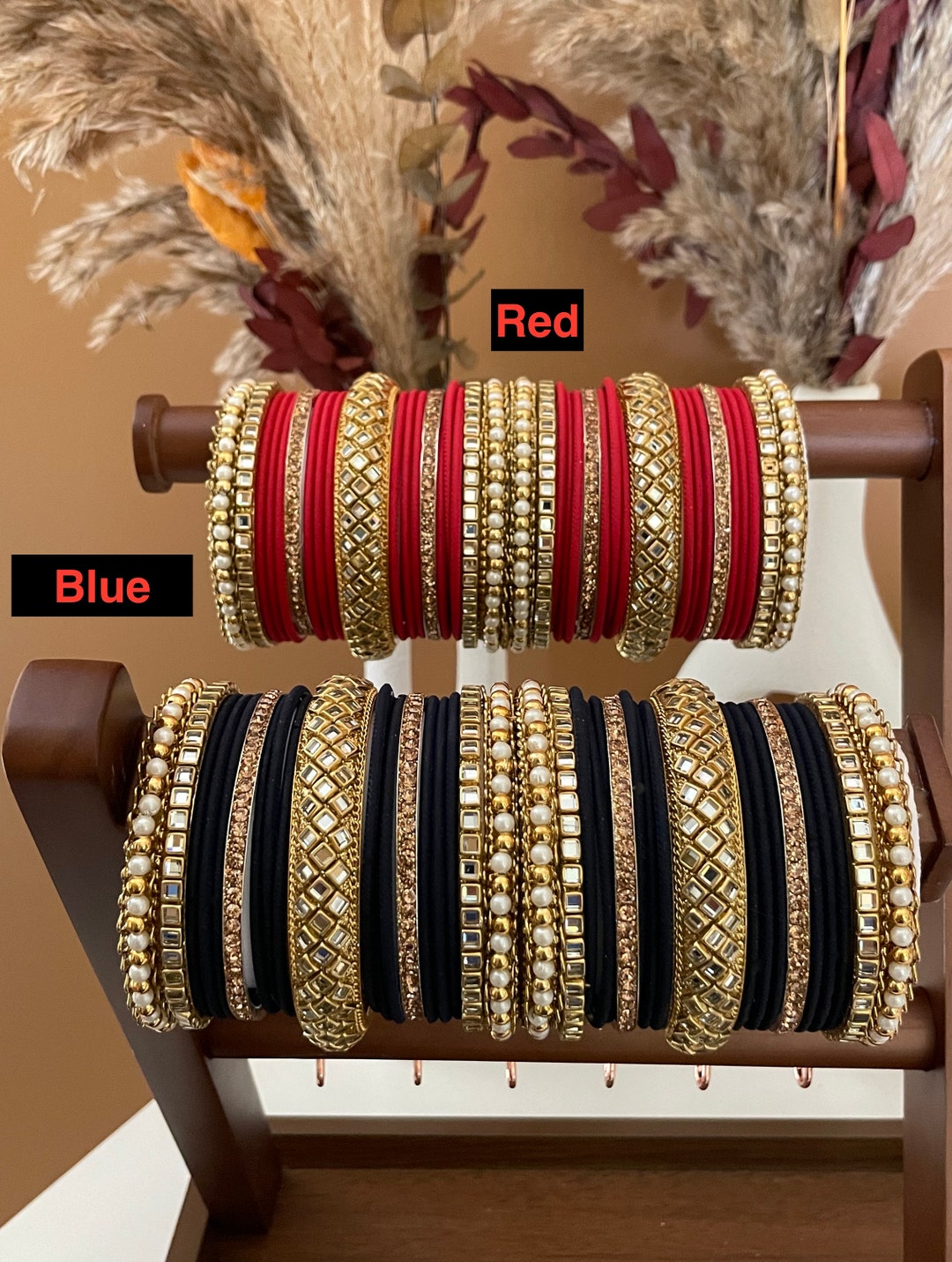 Indian Bangle Set/mirror Kada & Pearl Bangles/bollywood Style Metal ...