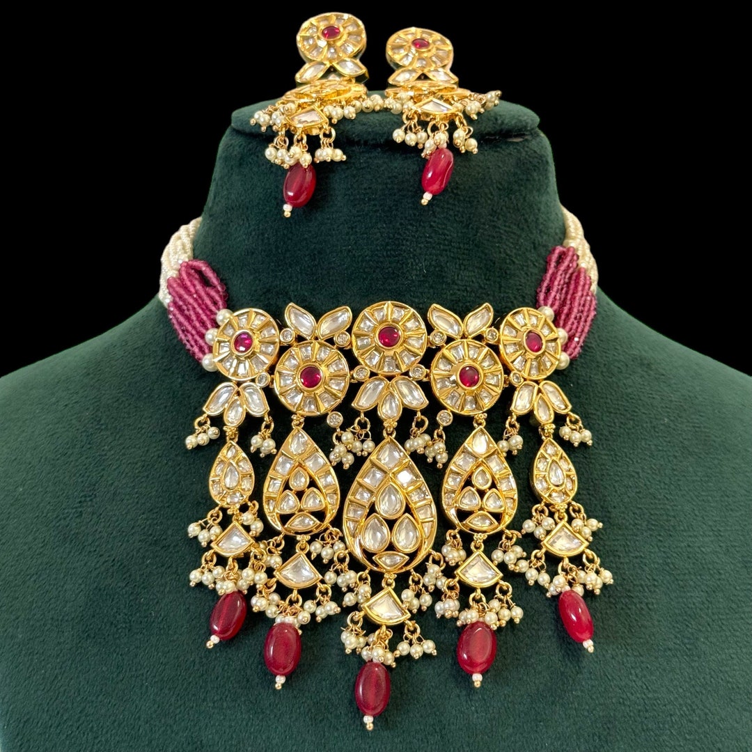 Premium Quality Uncut Polki Kundan Choker Necklace Set in Ruby Red ...