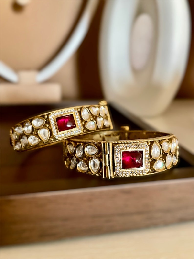 Dull Gold Kundan Kada/ruby Red Openable Kada Bangle/indian - Etsy