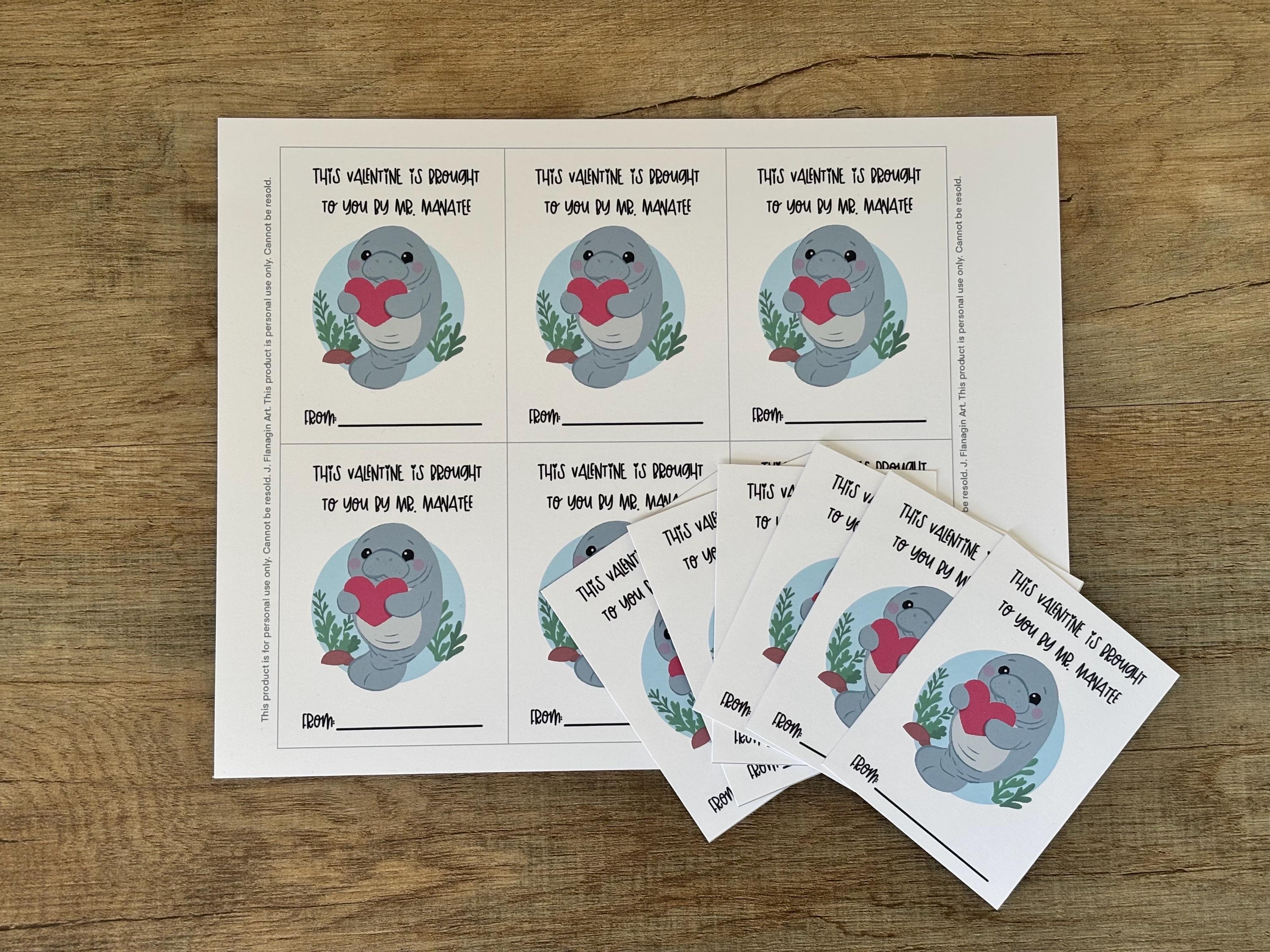 Manatee Classroom Valentines Printable | Non Candy Valentine Cards ...