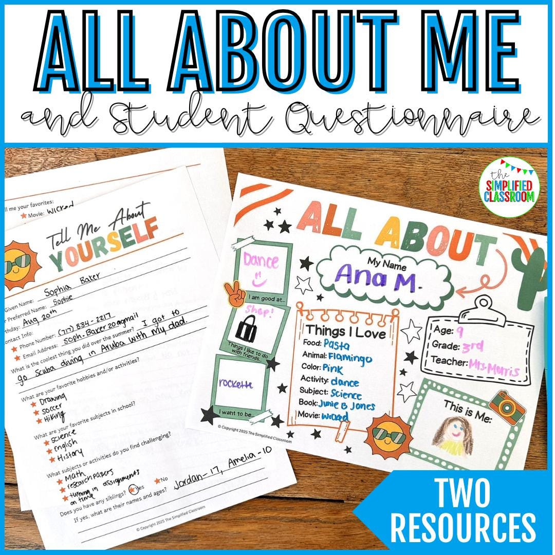 Student Questionnaire Beginning of Year & All About Me Student ...