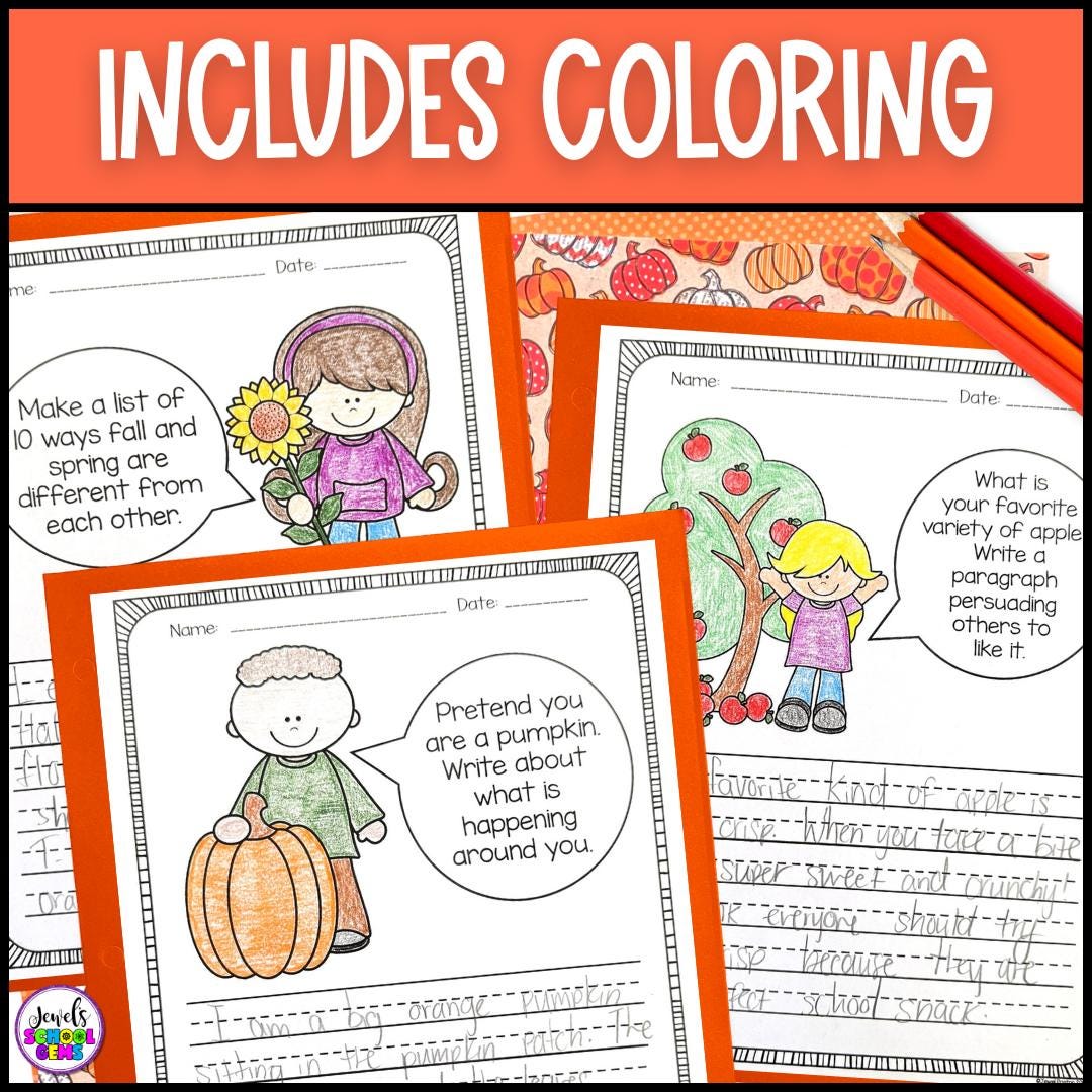 Autumn & Thanksgiving Coloring Pages With Writing Prompts: Fall ...