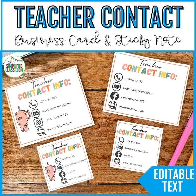 Teacher Contact Information Cards Editable Teacher Business Cards Back ...