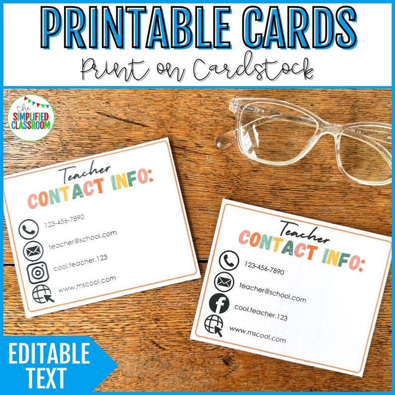 Teacher Contact Information Cards Editable Teacher Business Cards Back ...