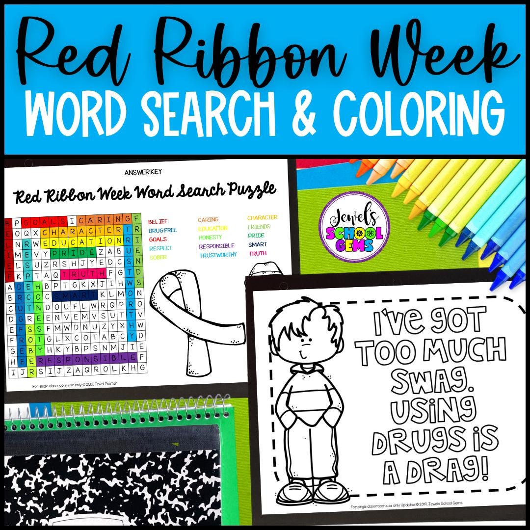 Red Ribbon Week Coloring Pages & Red Ribbon Week Wordsearch Set 1 - Etsy