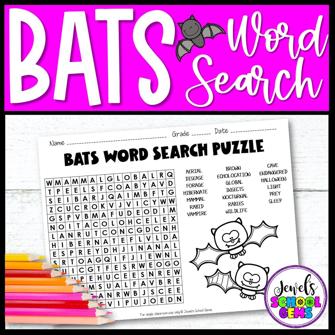 Halloween Word Search 2nd 3rd 4th 5th Grade - Bat Word Search ...