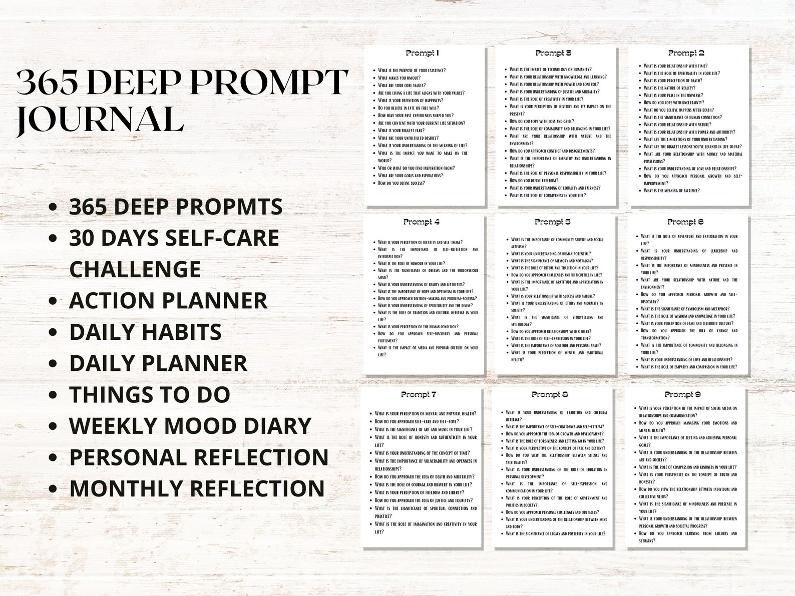 365 Prompts Journal, Deep Thought Writing Prompts, 5 Minute Journal ...